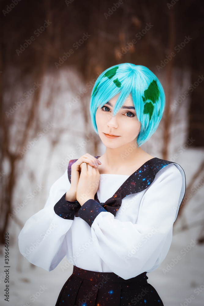 Cute young girl portrait in cosplay school uniform in winter Stock ...