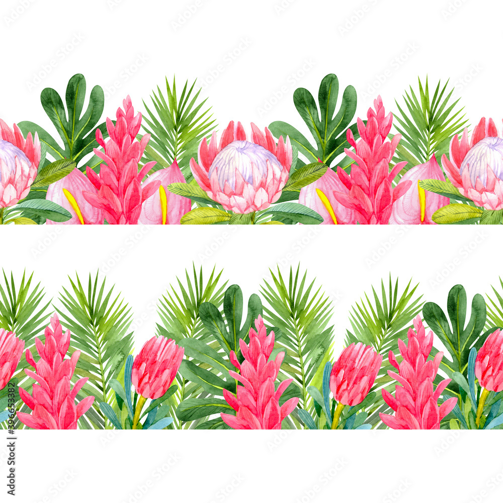 Set with seamless floral borders. Border of tropical flowers and leaves ...