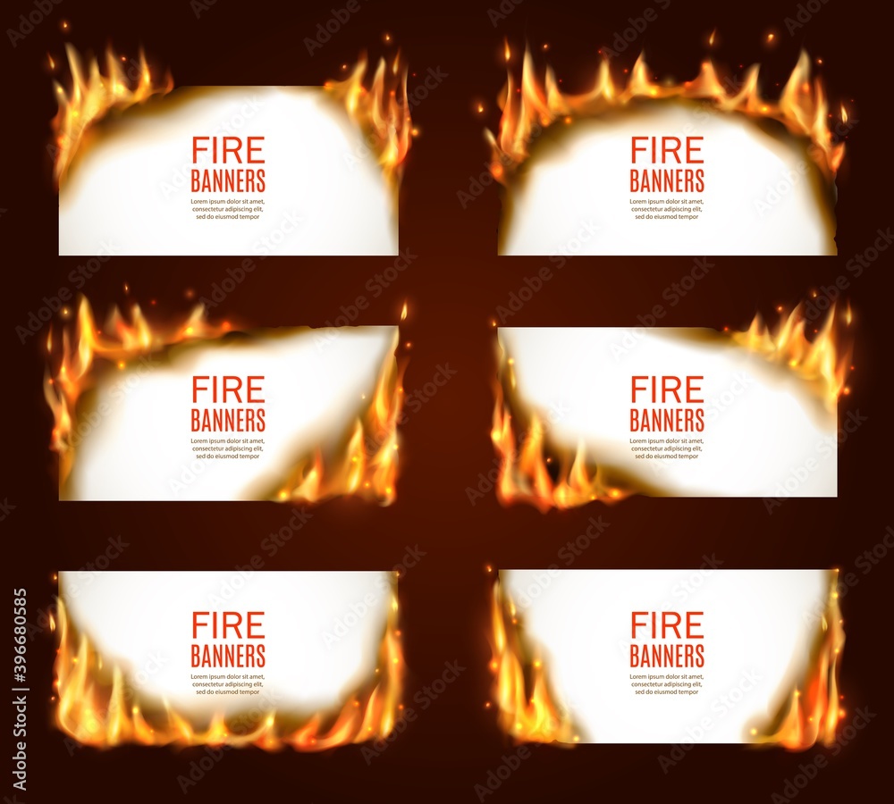 Fire banners, burning paper, vector horizontal pages with flame and ...