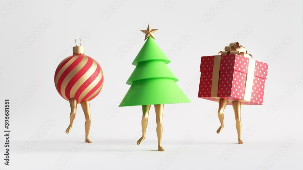 seamless loop animation of dancing Christmas characters: fir tree, gift ...