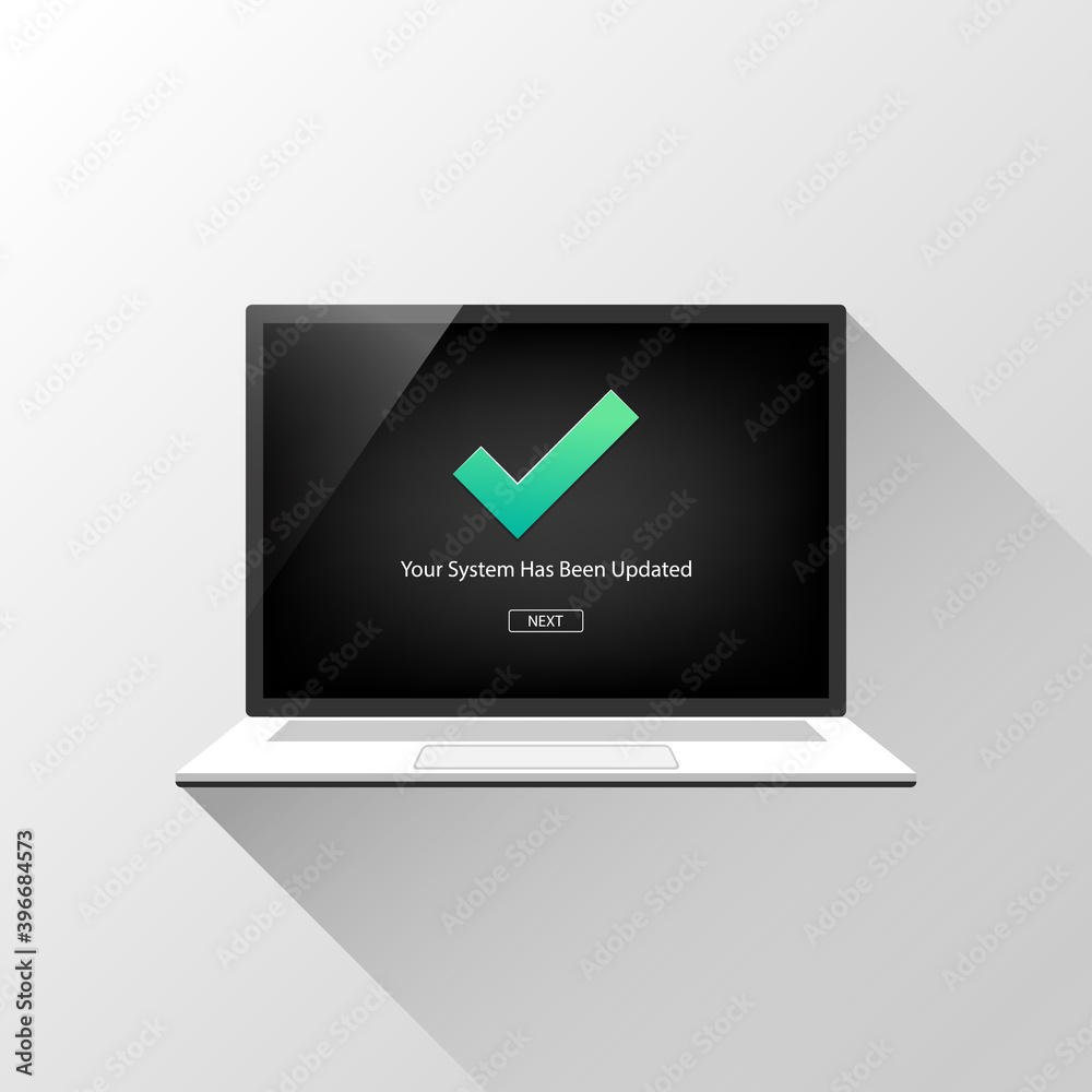 System updated on laptop screen concept with check mark symbol. Status ...