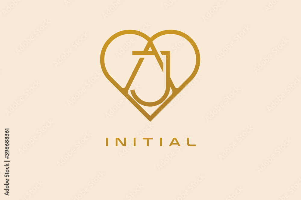 Abstract initials A and J logo, gold colour line style heart and letter ...