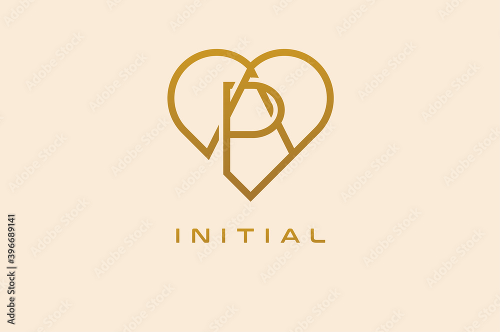 Abstract initials A and P logo, gold colour line style heart and letter ...