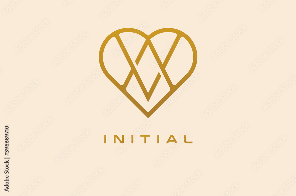 Abstract initials A and V logo, gold colour line style heart and letter ...