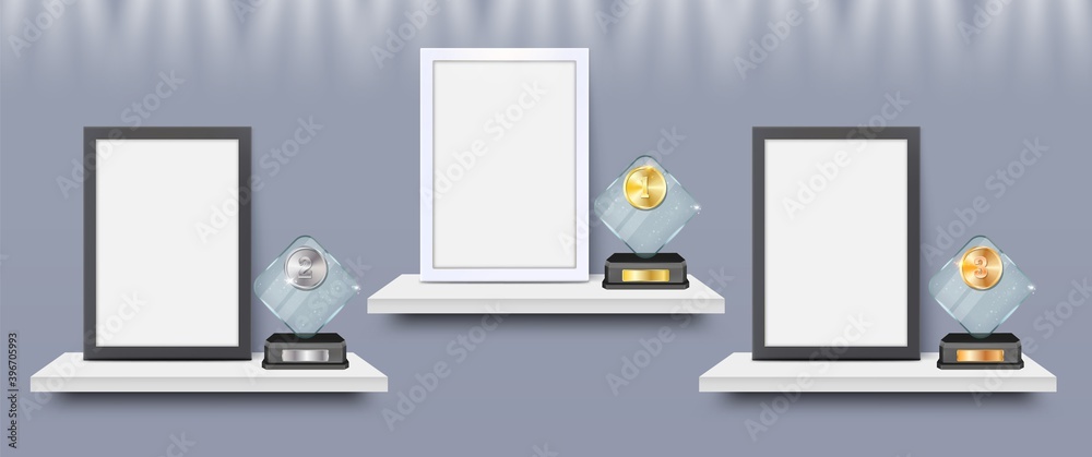 Blank frame and acrylic glass trophy award on shelf mockup set, vector ...