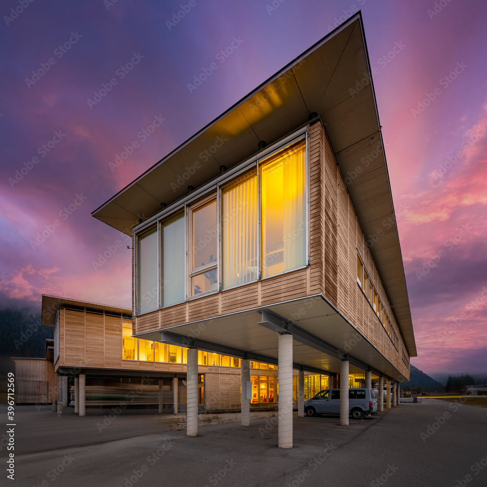 Extreme bottom up perspective of low energy timber construction office ...
