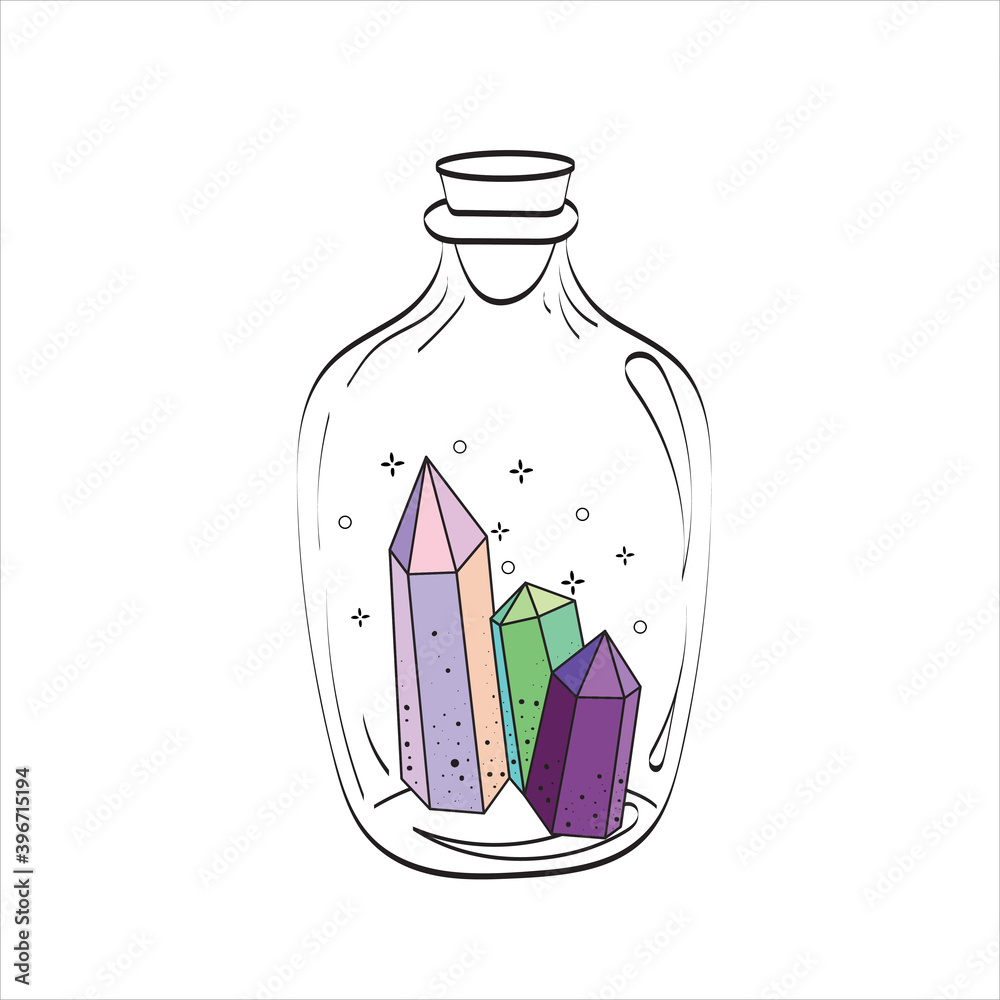 Hand drawn magical - bottle jar with crystals inside or gems, minerals ...