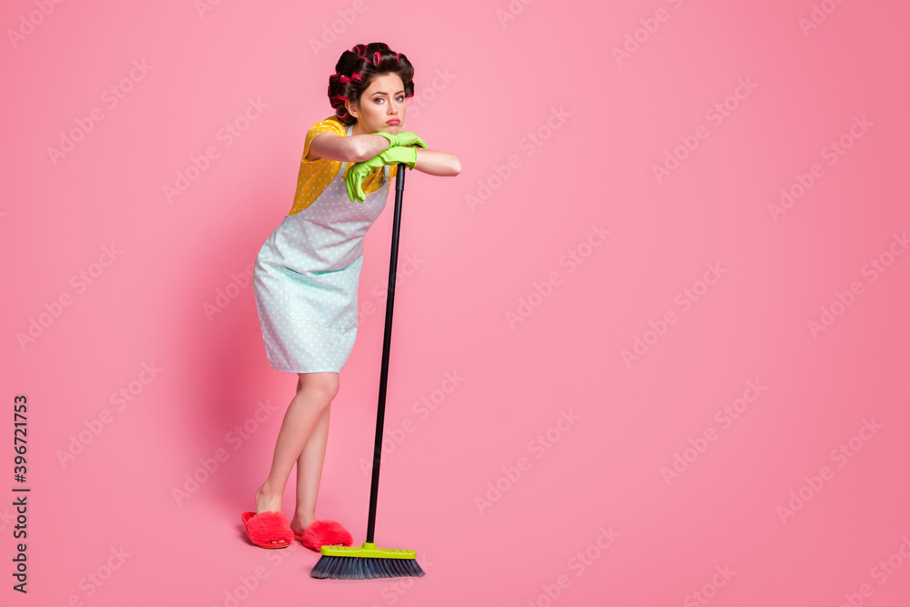 Full length body size view of nice glamorous tired lazy maid doing ...