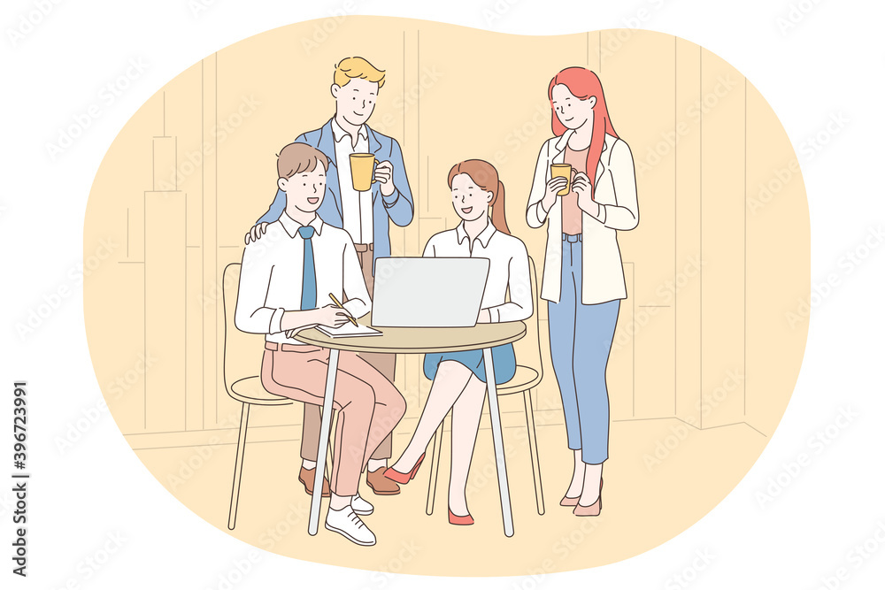 Teamwork, negotiations, business communication about startup concept ...