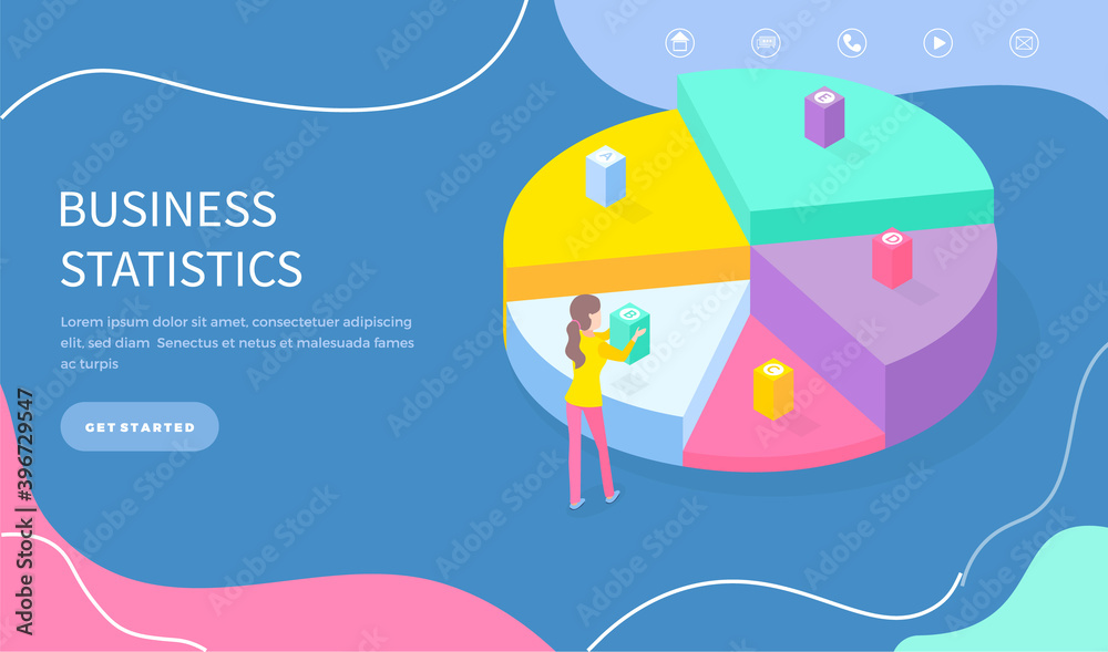 Landing page of website. Business statistics. Woman near huge 3d ...