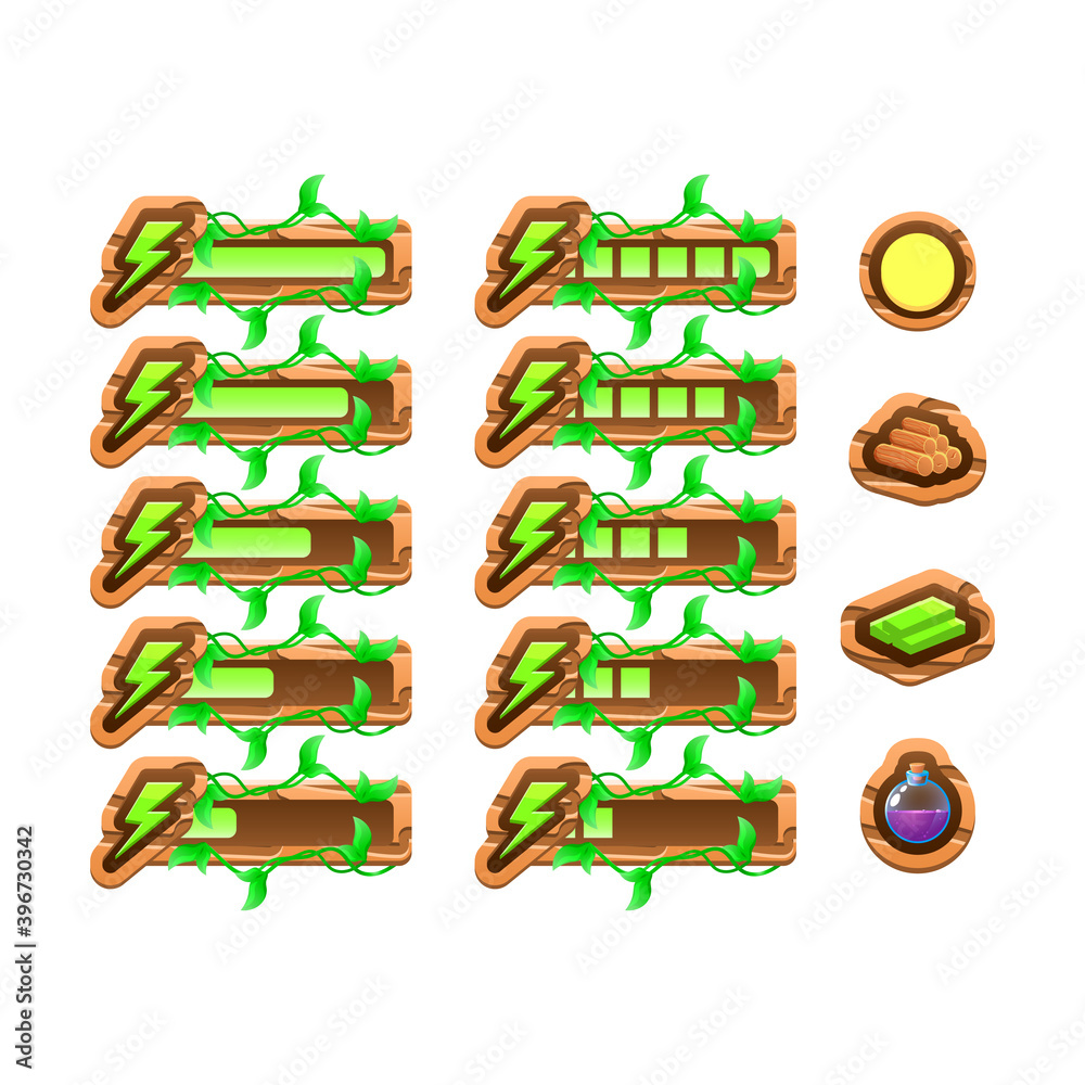funny game ui wooden nature leaves template panel bar for gui asset ...