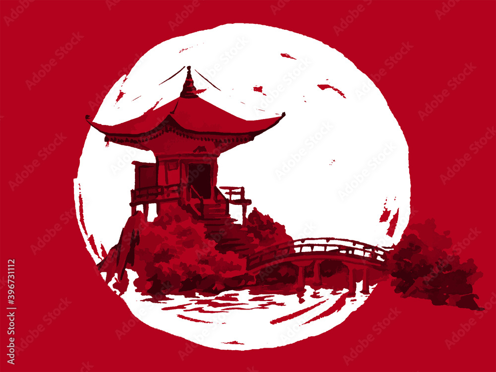 Japan traditional sumi-e painting. Fuji mountain, sakura, sunset. Japan ...