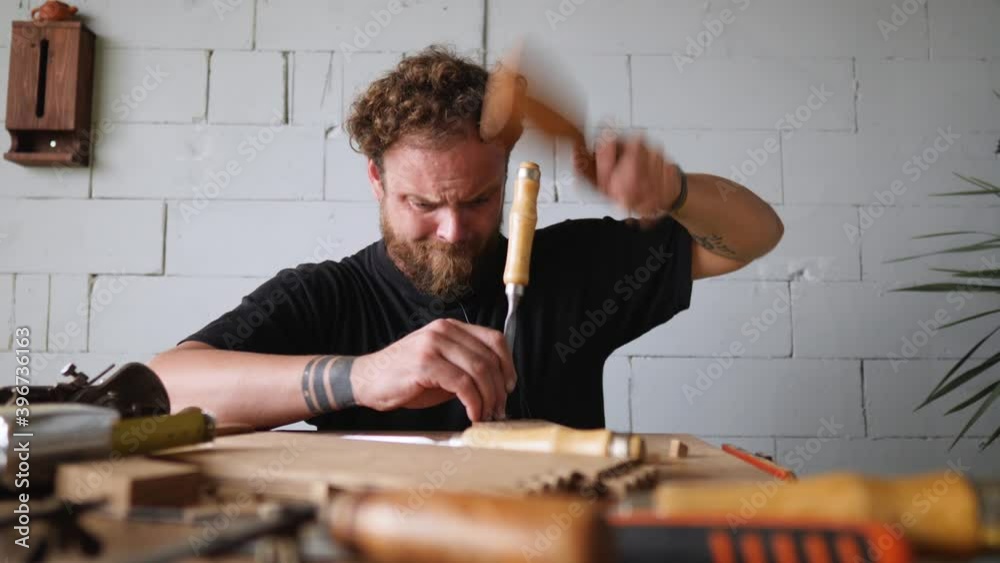 bearded carpenter carves a dovetail joint into an oak plank with a wood ...