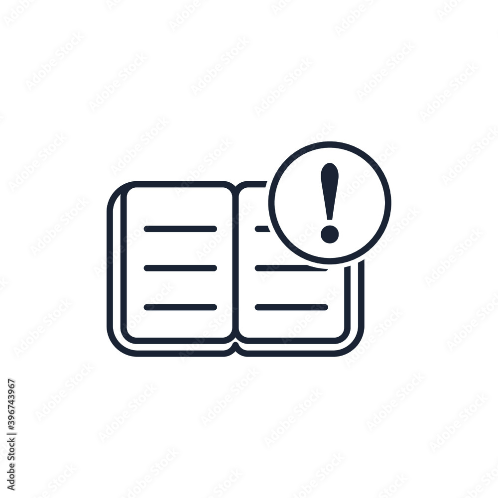 Book with an exclamation mark. Note. Collection of changes, new rules ...