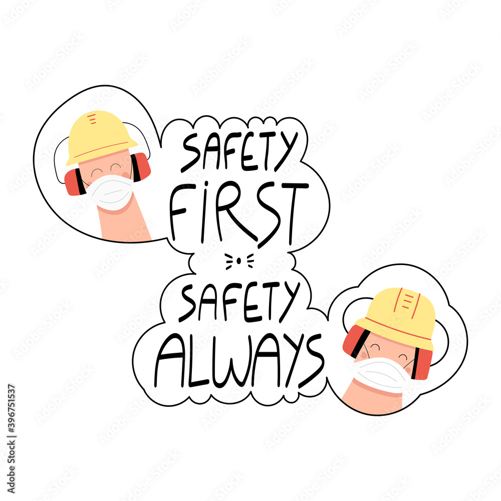 Safety first Safety always handwritten phrase with workers in hard hats ...