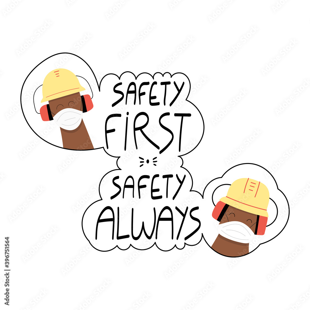 Safety first Safety always handwritten phrase with workers in hard hats ...