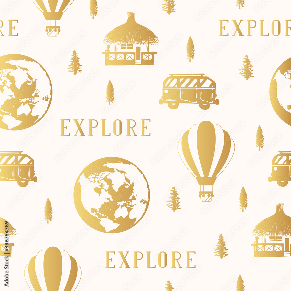 Hand drawn golden Wanderlust seamless pattern with pine trees, bus, hot ...
