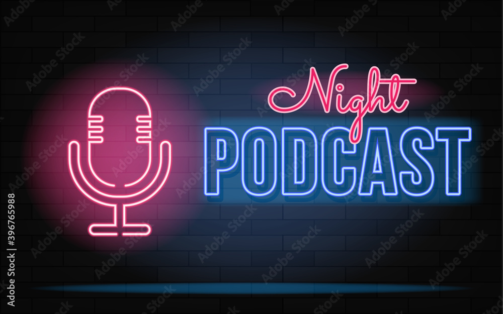 Podcast neon sign. Microphone on brick wall background. Vector ...