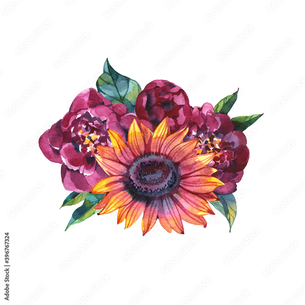 Watercolor floral bouquet clipart. Handpainted flowers clip art Stock ...