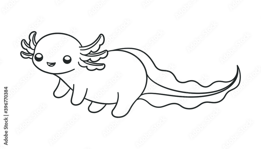 Happy axolotl side view outline line art cartoon vector illustration ...