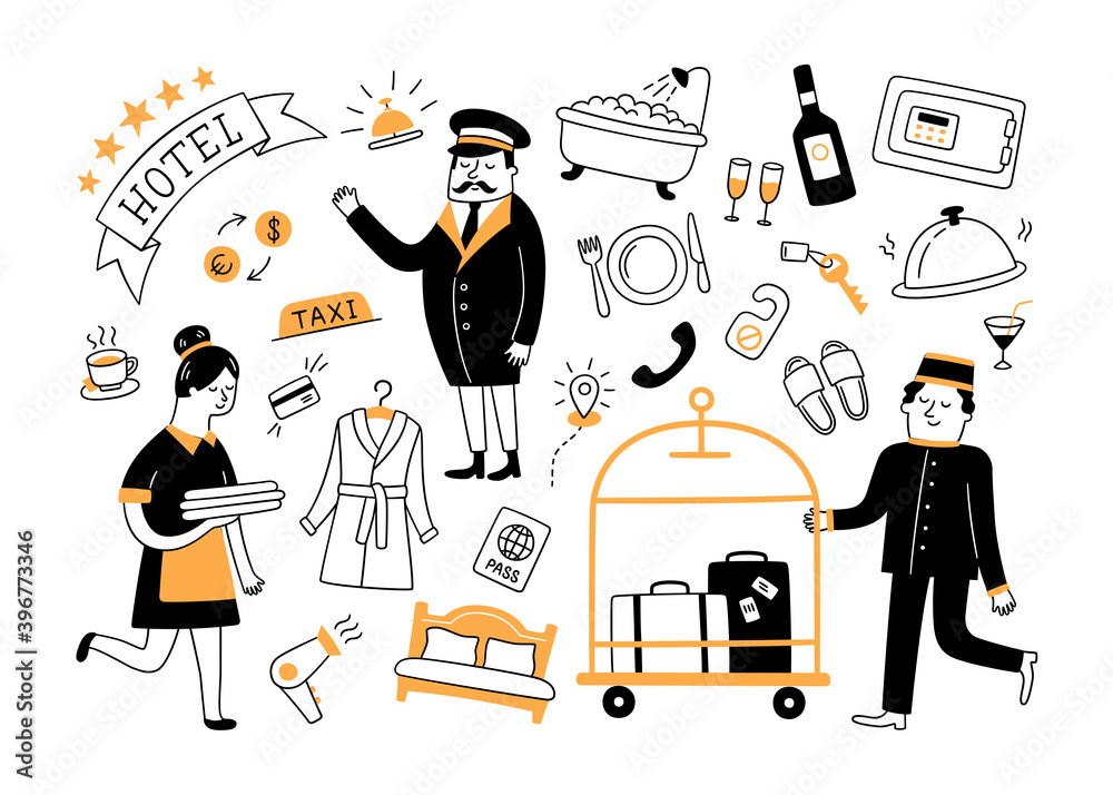 Hotel services and hotel staff. Hand drawn objects. Vector illustration ...