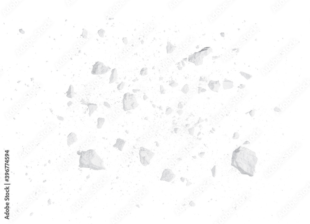 Rock stone broken splash explosion isolated on white background texture ...