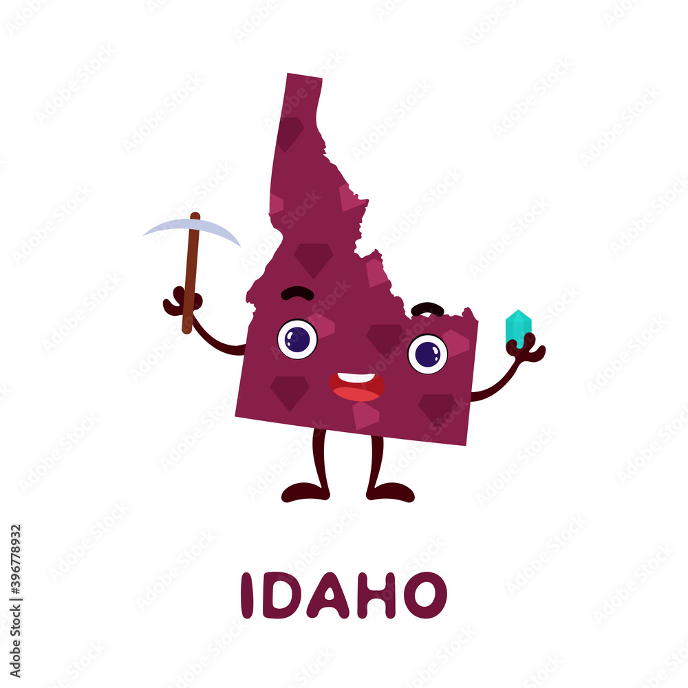Cute cartoon Idaho state character clipart. Illustrated map of state of ...