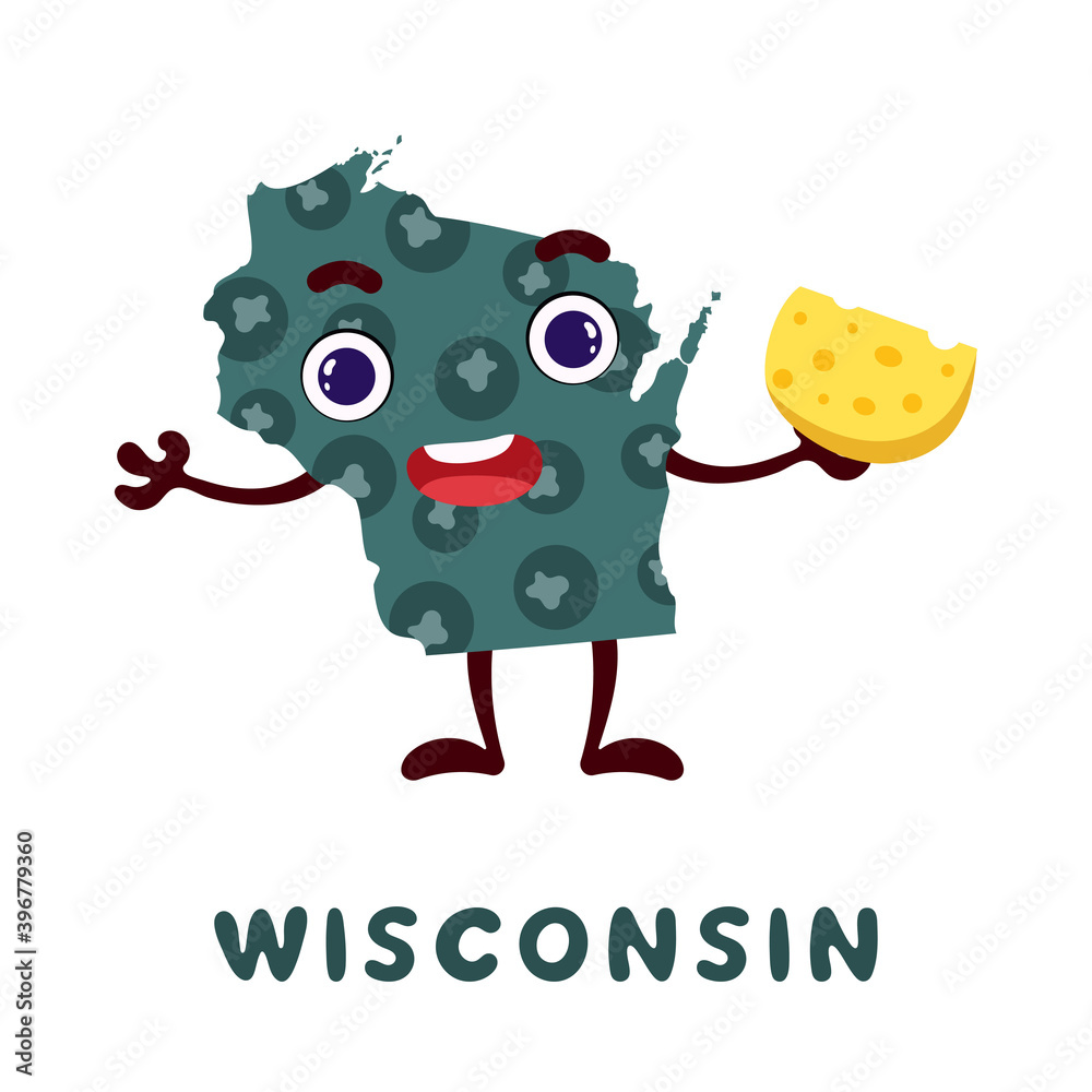 Cute cartoon Wisconsin state character clipart. Illustrated map of ...