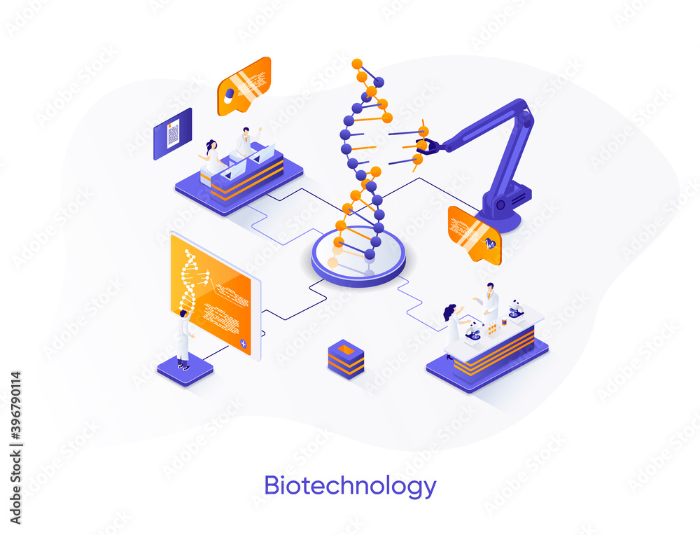 Biotechnology company isometric web banner. Genetic engineering ...