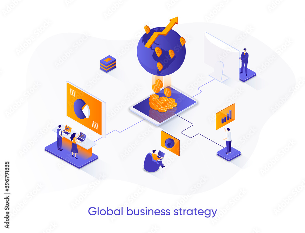 Global business strategy isometric web banner. International ...