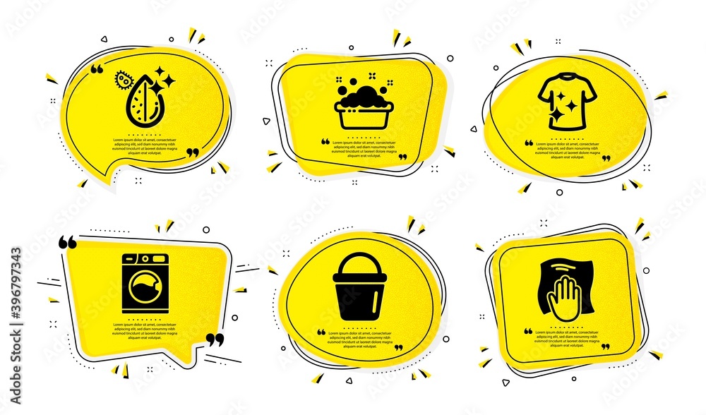 Washing machine, Bucket and Hand washing icons simple set. Yellow ...