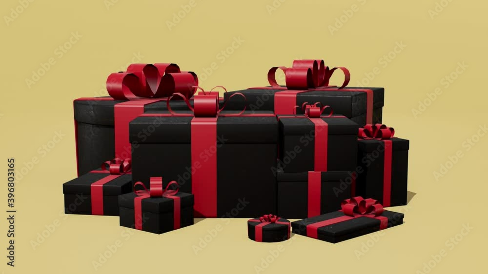 Animation of a heap black gifts with red ribbon on the sail champagne ...
