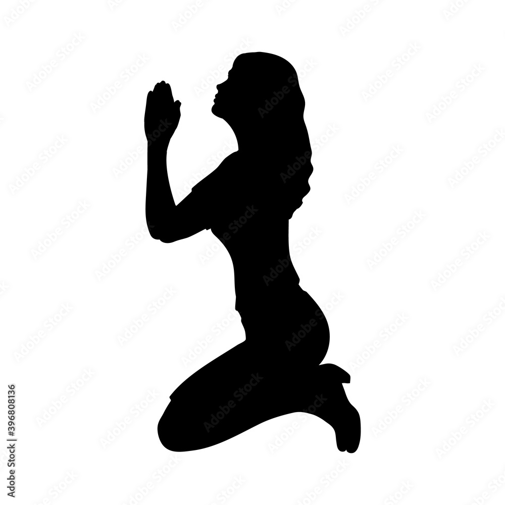 Vetor de Silhouette of woman sitting on her knees praying asking for ...
