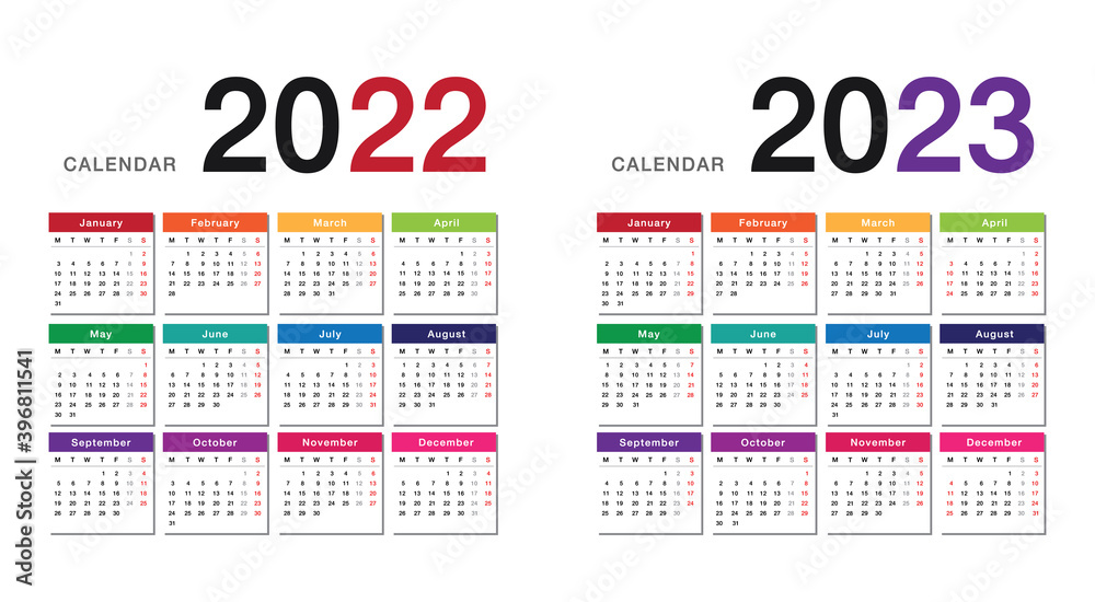 Colorful Year 2022 and Year 2023 calendar horizontal vector design ...