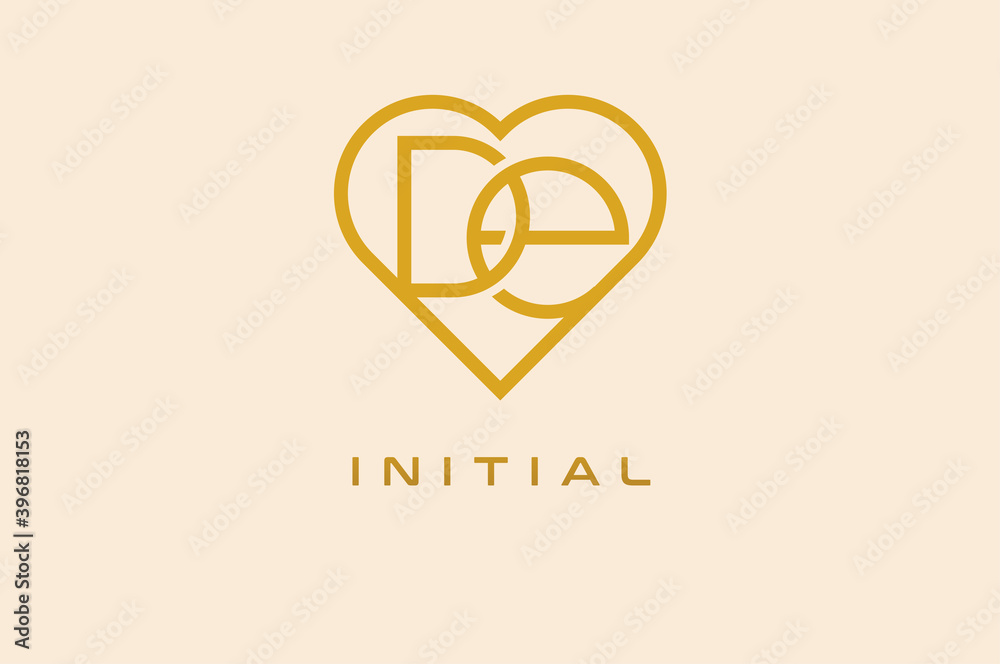 Abstract initials D and E logo, gold colour line style heart and letter ...