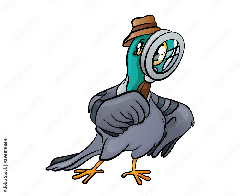 Cartoon funny pigeon with magnifier. Vector comic detective bird ...