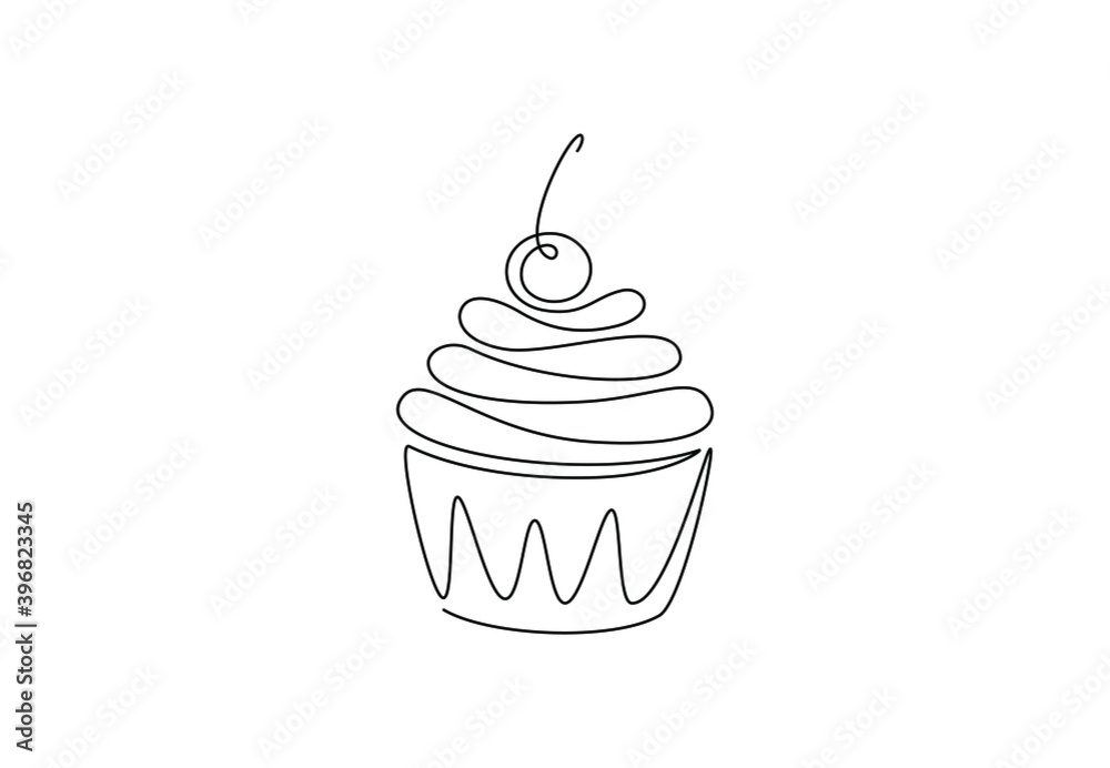 Muffin cake one single line drawing for logo. Sweet cupcake with cherry ...