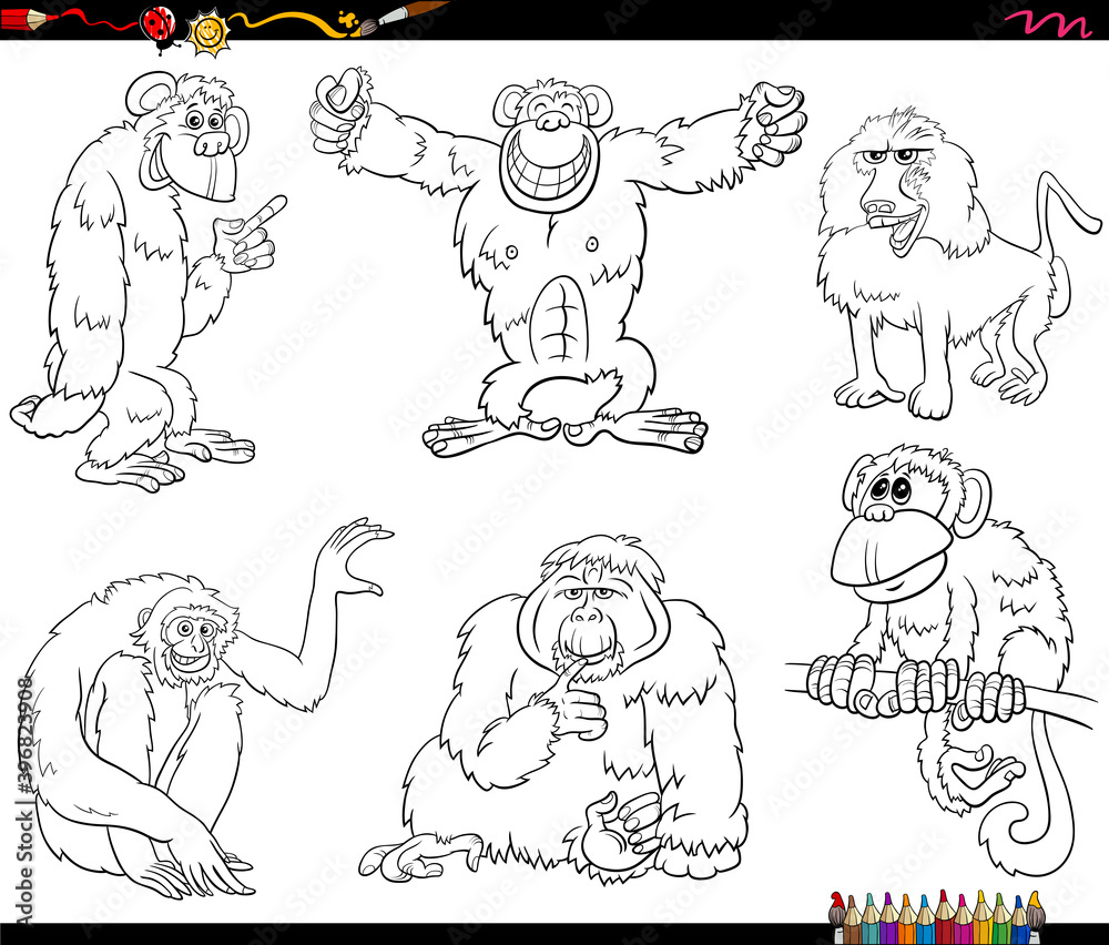 cartoon apes and monkeys characters set coloring book page Stock Vector ...