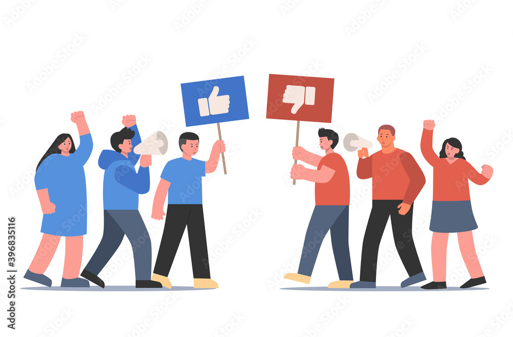 Blue and red clothing peoples raising a appreciate sign and dislike for ...