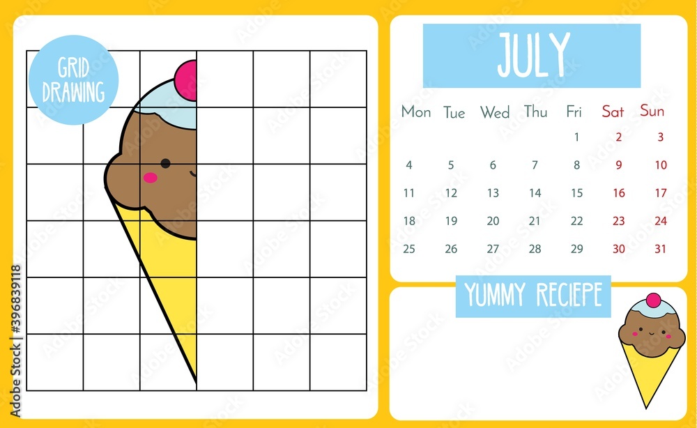 Kids activity calendar series. 2021 year. July page with copy by grid ...