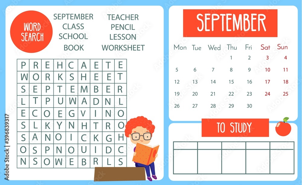 Kids activity calendar series. 2021 year. September page with back to ...