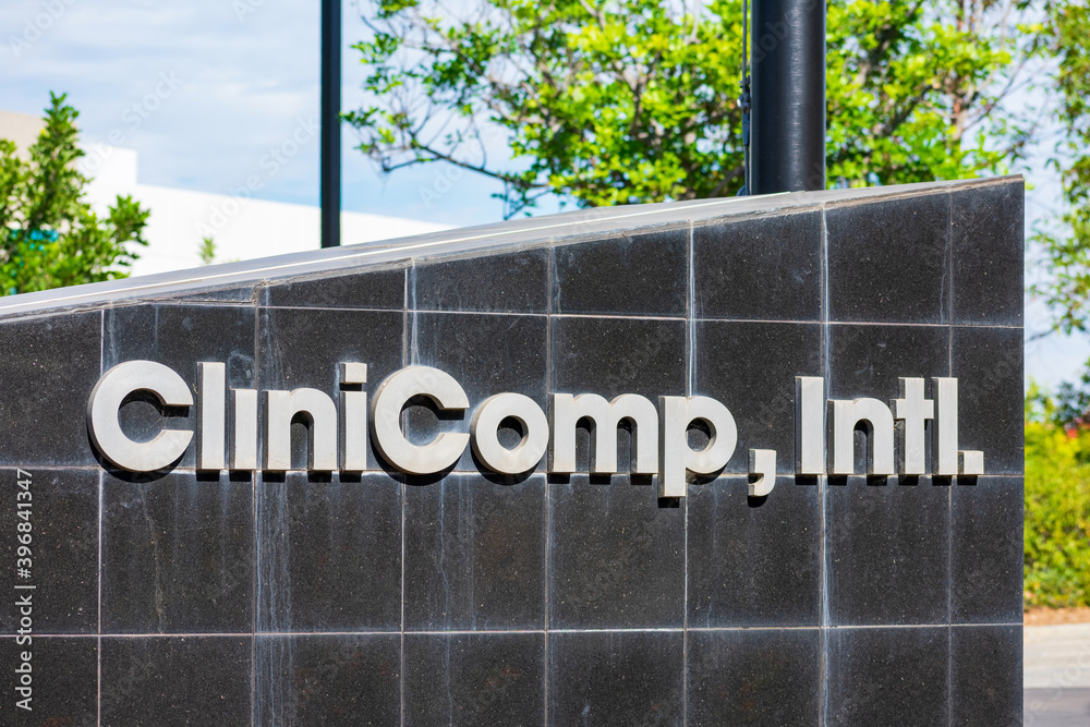 CliniComp sign, logo at headquarters. CliniComp, Intl. is a global ...