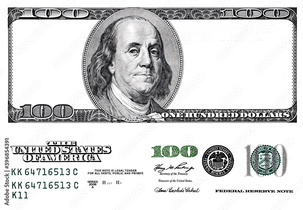U.S. 100 dollar banknote. Elements for design purpose on white ...