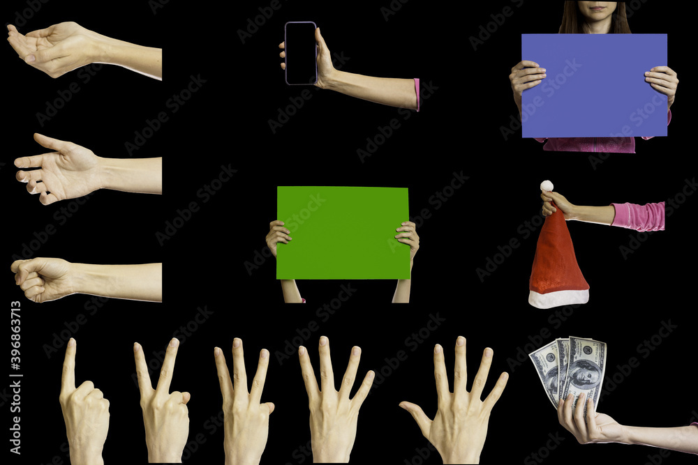 set of female hands isolated on black background. Girl hands gestures ...