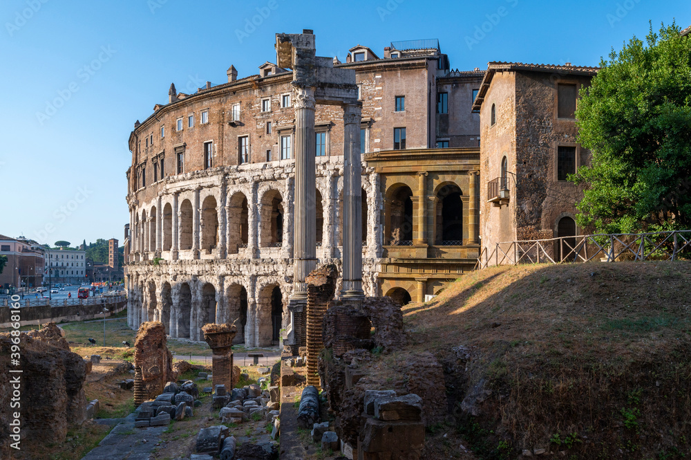 Panorama of the Teatro di Marcello, with the remains of the temple of ...