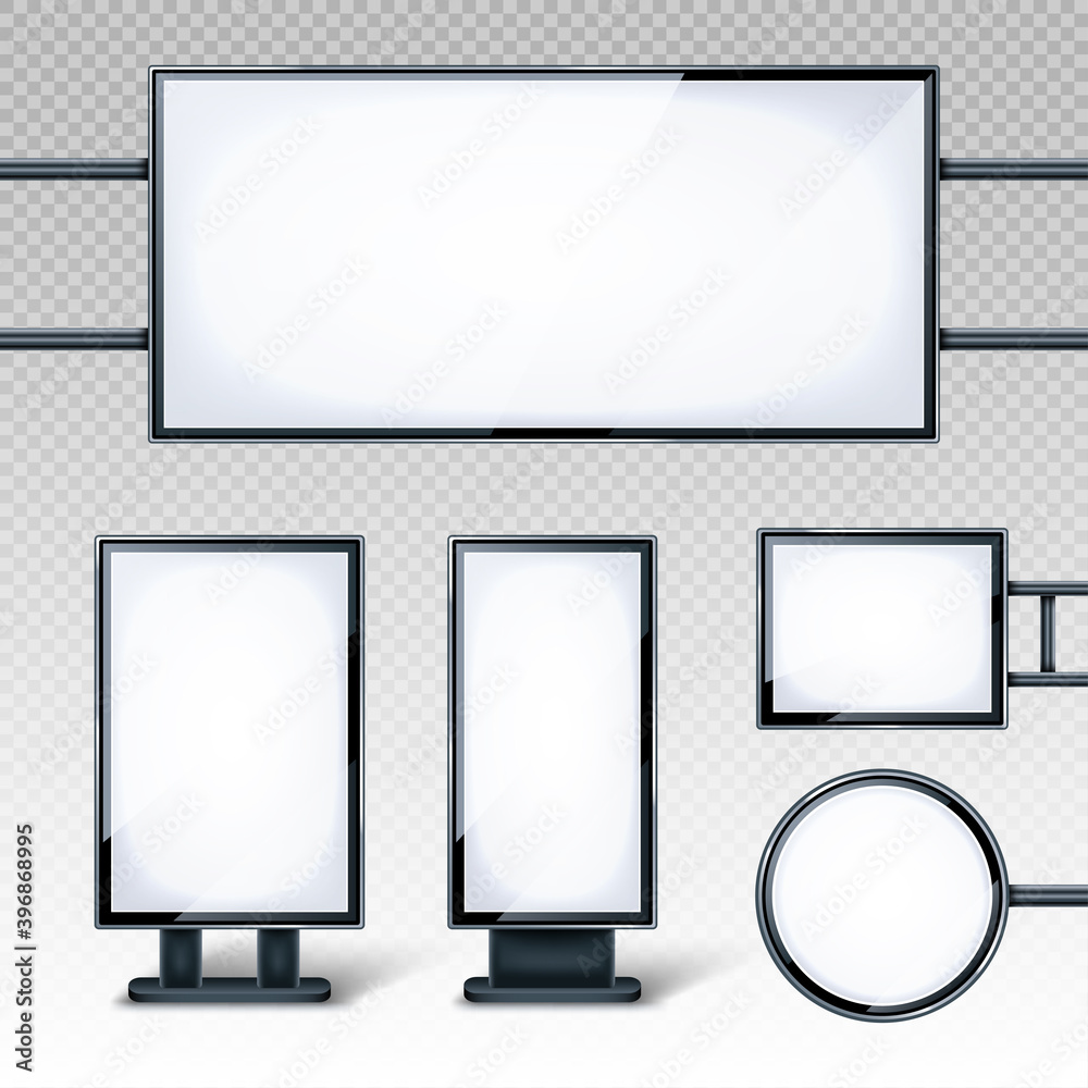 Blank billboards displays, empty white LCD screens or stands for ...