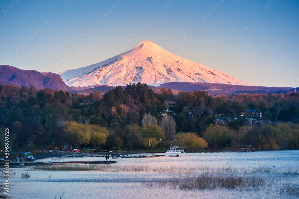 Pucon / Auracania / Chile: Sunset view to Villarrica Volcano and the ...