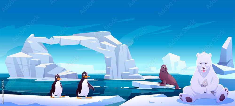 Wild animals sitting on ice floes in sea, white bear holding fish ...