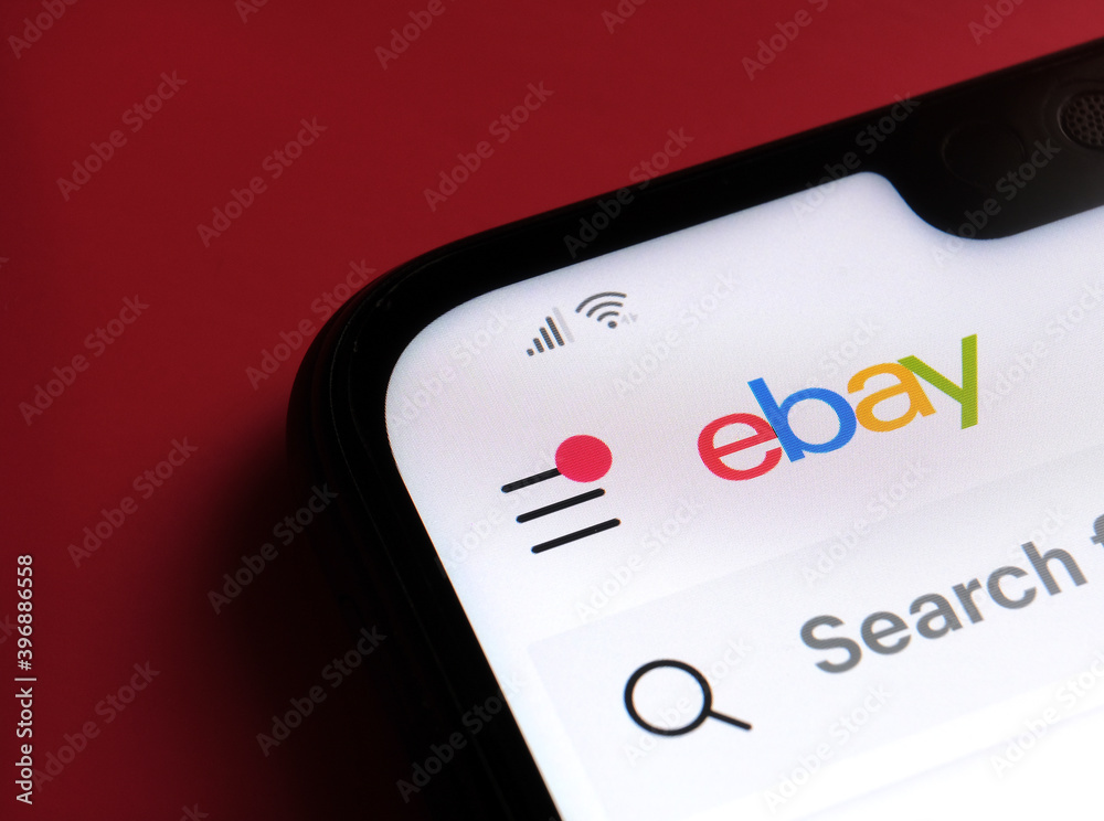 Stone / UK - July 14 2020: Ebay app seen on the corner of mobile phone with large logo, search ...