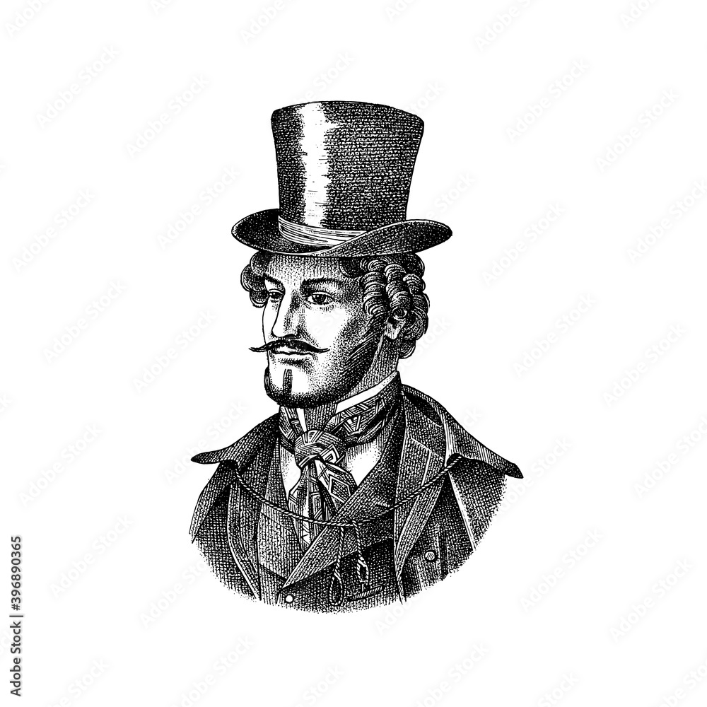 Victorian gentleman with hat and mustache. Man in vintage retro style ...